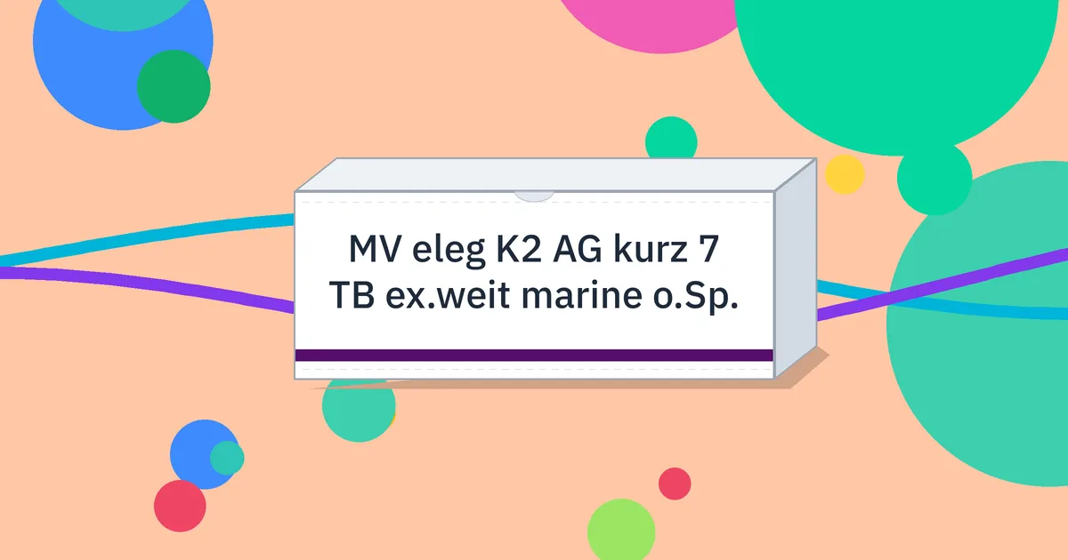 Symbolbild: Packung mit der Aufschrift MV eleg K2 AG kurz 7 TB ex.weit marine o.Sp. (PZN 14607438) – Verfügbarkeit und Bezug in Apotheken in Frankfurt am Main