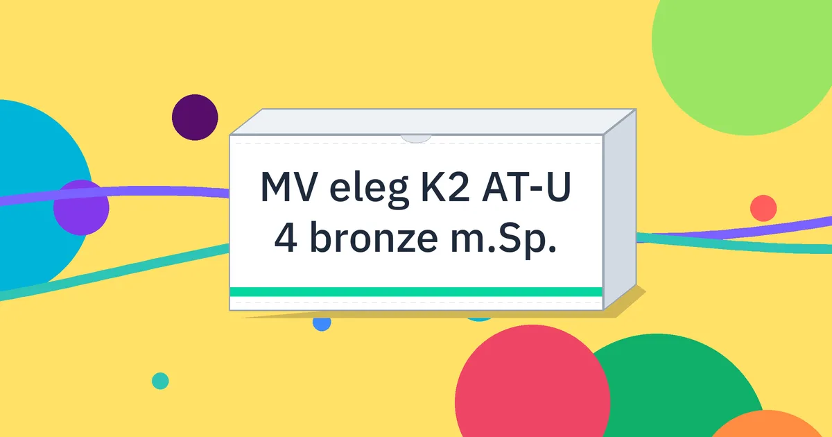 Symbolbild: Packung mit der Aufschrift MV eleg K2 AT-U 4 bronze m.Sp. (PZN 15288538) – Verfügbarkeit und Bezug in Apotheken in Frankfurt am Main