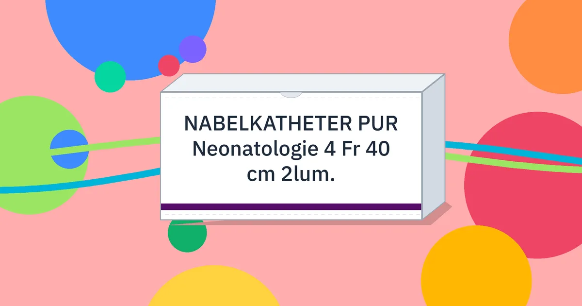 Symbolbild: Packung mit der Aufschrift NABELKATHETER PUR Neonatologie 4 Fr 40 cm 2lum. (PZN 09398062) – Verfügbarkeit und Bezug in Apotheken in Frankfurt am Main
