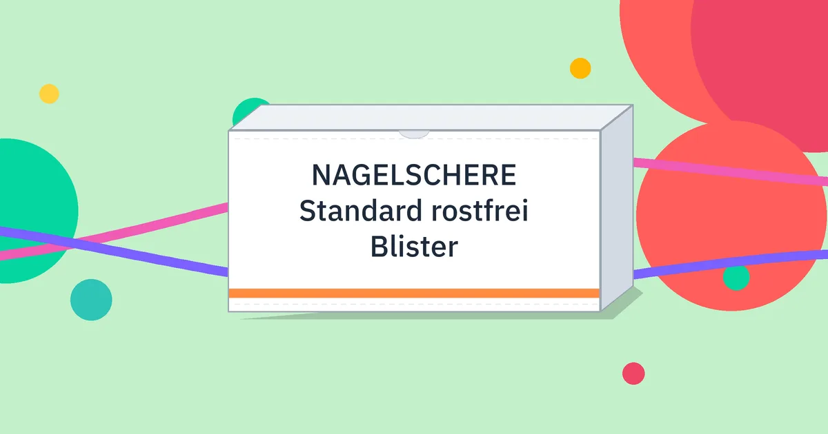 Symbolbild: Packung mit der Aufschrift NAGELSCHERE Standard rostfrei Blister (PZN 01572129) – Verfügbarkeit und Bezug in Apotheken in Frankfurt am Main