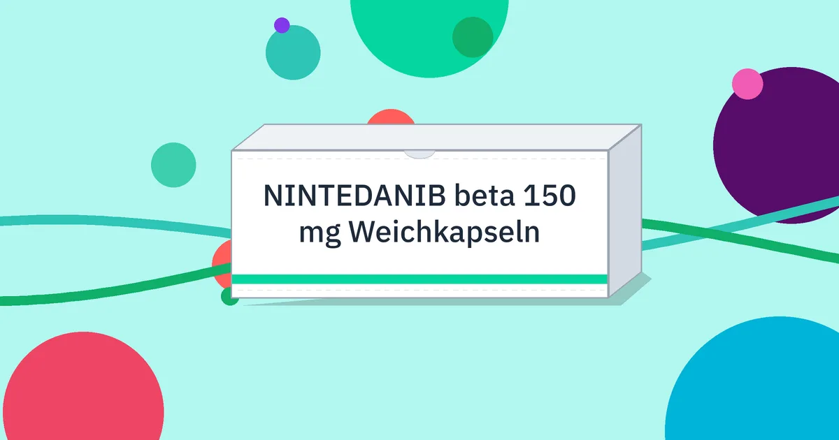 Symbolbild: Packung mit der Aufschrift NINTEDANIB beta 150 mg Weichkapseln (PZN 19961469) – Verfügbarkeit und Bezug in Apotheken in Frankfurt am Main