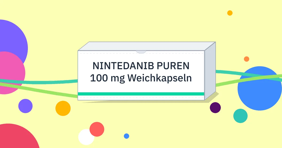 Symbolbild: Packung mit der Aufschrift NINTEDANIB PUREN 100 mg Weichkapseln (PZN 19398092) – Verfügbarkeit und Bezug in Apotheken in Frankfurt am Main