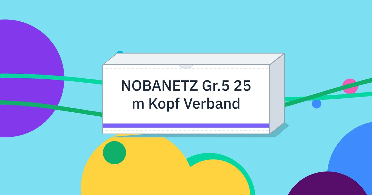 Symbolbild: Packung mit der Aufschrift NOBANETZ Gr.5 25 m Kopf Verband (PZN 07571645) – Verfügbarkeit und Bezug in Apotheken in Frankfurt am Main
