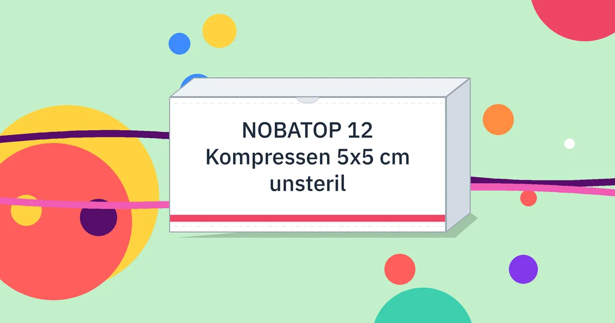 Symbolbild: Packung mit der Aufschrift NOBATOP 12 Kompressen 5x5 cm unsteril (PZN 16259556) – Verfügbarkeit und Bezug in Apotheken in Frankfurt am Main