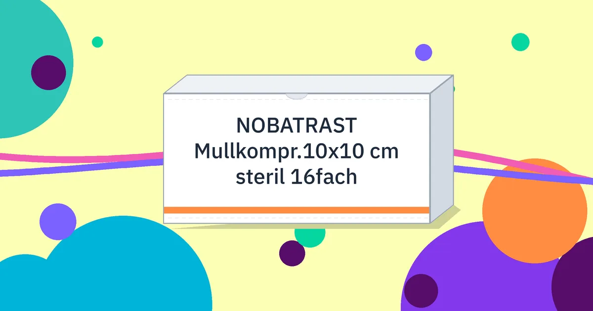 Symbolbild: Packung mit der Aufschrift NOBATRAST Mullkompr.10x10 cm steril 16fach (PZN 08849054) – Verfügbarkeit und Bezug in Apotheken in Frankfurt am Main