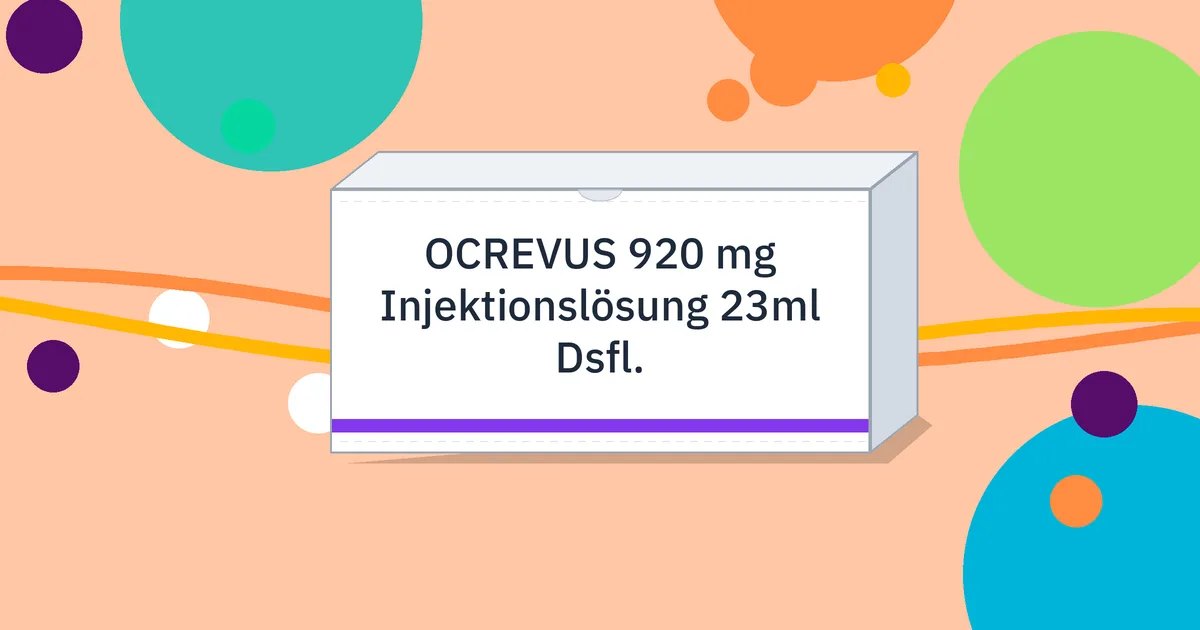 Symbolbild: Packung mit der Aufschrift OCREVUS 920 mg Injektionslösung 23ml Dsfl. (PZN 18404287) – Verfügbarkeit und Bezug in Apotheken in Frankfurt am Main