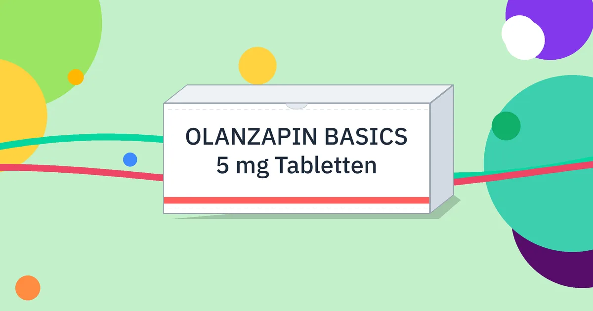 Symbolbild: Packung mit der Aufschrift OLANZAPIN BASICS 5 mg Tabletten (PZN 08468116) – Verfügbarkeit und Bezug in Apotheken in Frankfurt am Main