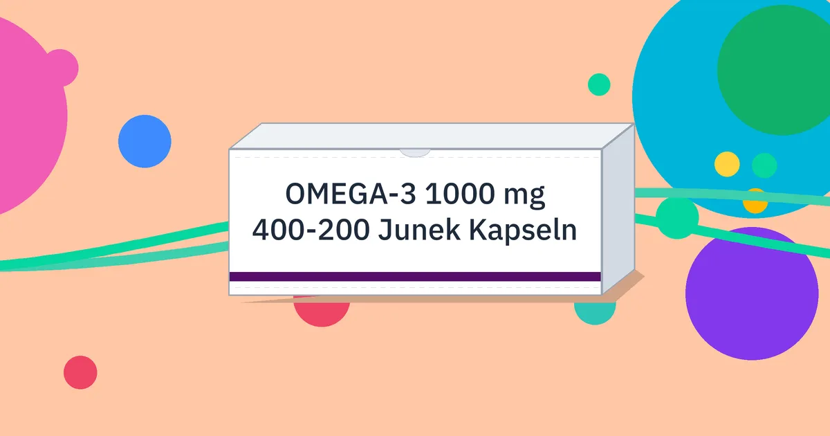 Symbolbild: Packung mit der Aufschrift OMEGA-3 1000 mg 400-200 Junek Kapseln (PZN 11189621) – Verfügbarkeit und Bezug in Apotheken in Frankfurt am Main