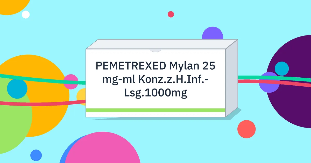 Symbolbild: Packung mit der Aufschrift PEMETREXED Mylan 25 mg-ml Konz.z.H.Inf.-Lsg.1000mg (PZN 15629867) – Verfügbarkeit und Bezug in Apotheken in Frankfurt am Main