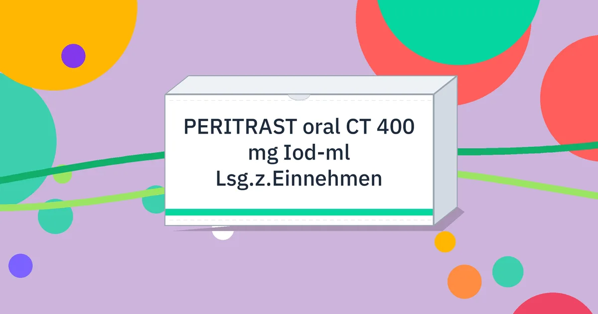 Symbolbild: Packung mit der Aufschrift PERITRAST oral CT 400 mg Iod-ml Lsg.z.Einnehmen (PZN 03020262) – Verfügbarkeit und Bezug in Apotheken in Frankfurt am Main