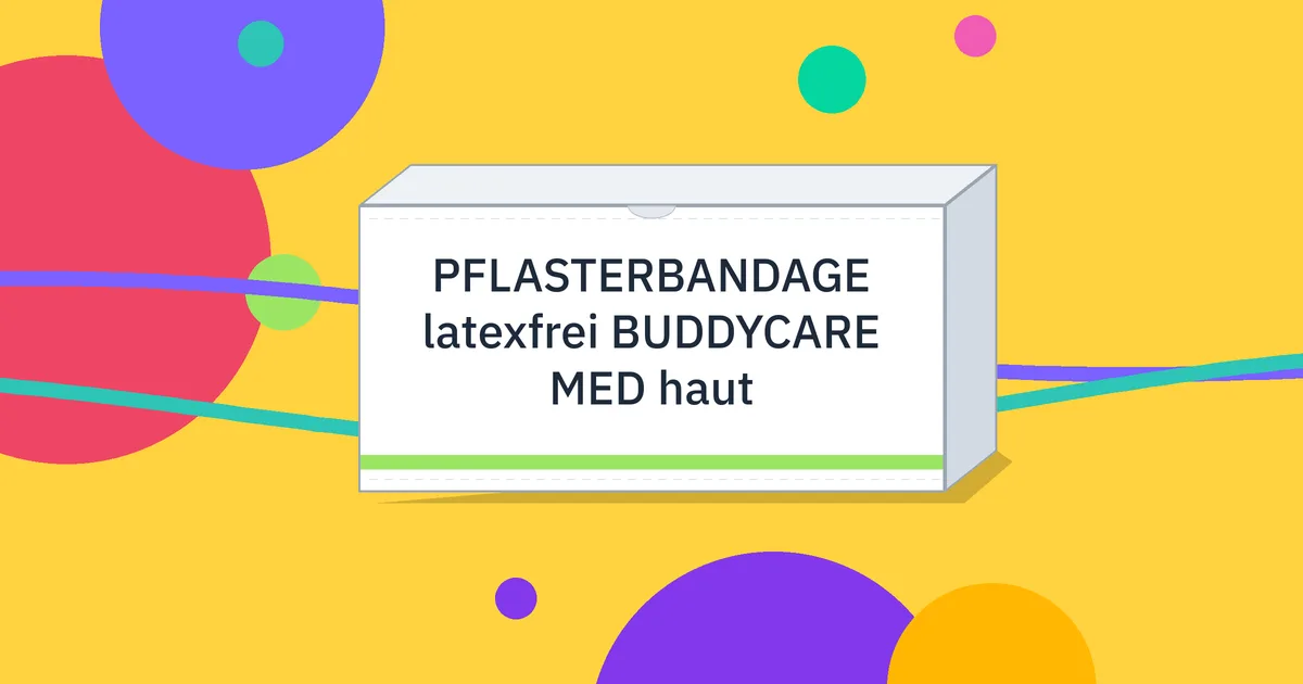 Symbolbild: Packung mit der Aufschrift PFLASTERBANDAGE latexfrei BUDDYCARE MED haut (PZN 16502554) – Verfügbarkeit und Bezug in Apotheken in Frankfurt am Main