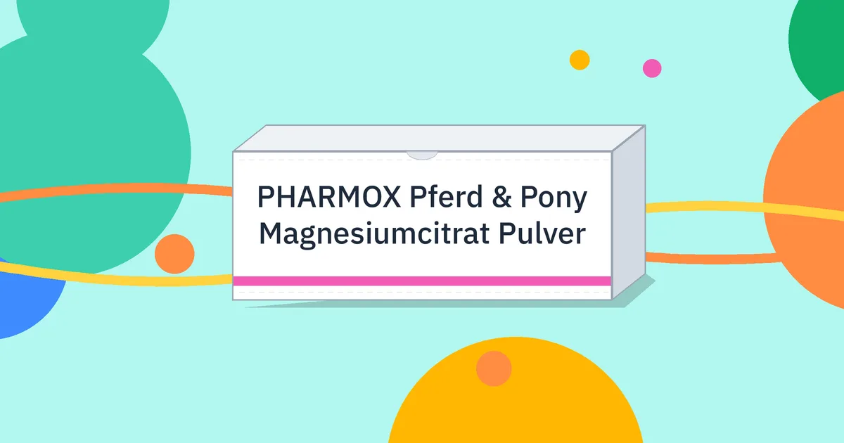 Symbolbild: Packung mit der Aufschrift PHARMOX Pferd & Pony Magnesiumcitrat Pulver (PZN 18090334) – Verfügbarkeit und Bezug in Apotheken in Frankfurt am Main