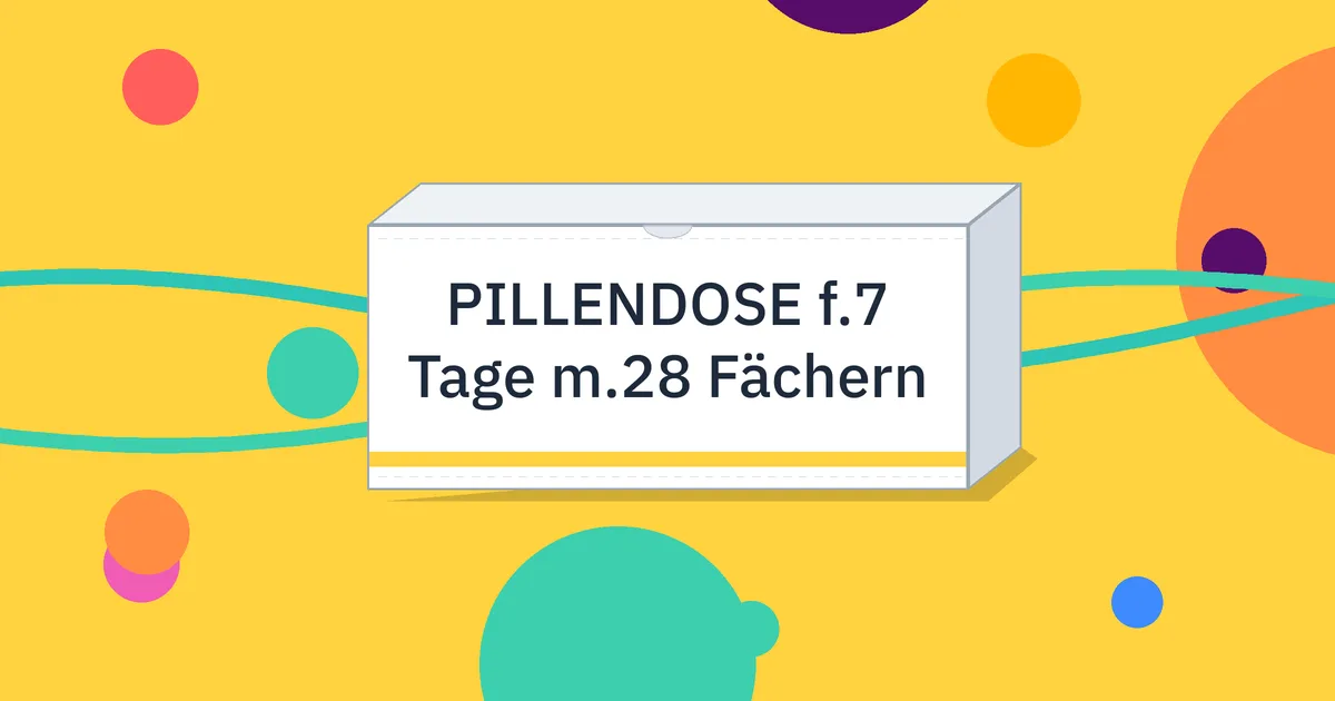 Symbolbild: Packung mit der Aufschrift PILLENDOSE f.7 Tage m.28 Fächern (PZN 00849310) – Verfügbarkeit und Bezug in Apotheken in Frankfurt am Main