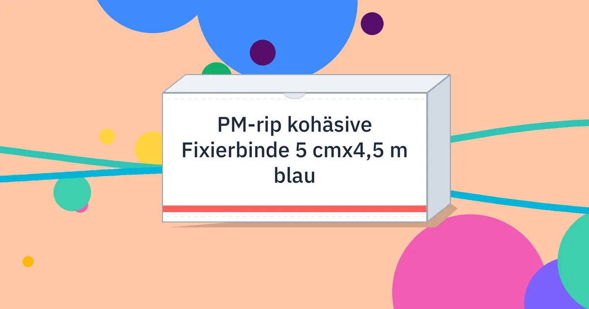 Symbolbild: Packung mit der Aufschrift PM-rip kohäsive Fixierbinde 5 cmx4,5 m blau (PZN 18845293) – Verfügbarkeit und Bezug in Apotheken in Frankfurt am Main