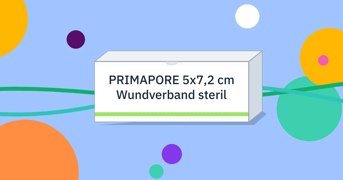 Symbolbild: Packung mit der Aufschrift PRIMAPORE 5x7,2 cm Wundverband steril (PZN 18802912) – Verfügbarkeit und Bezug in Apotheken in Frankfurt am Main