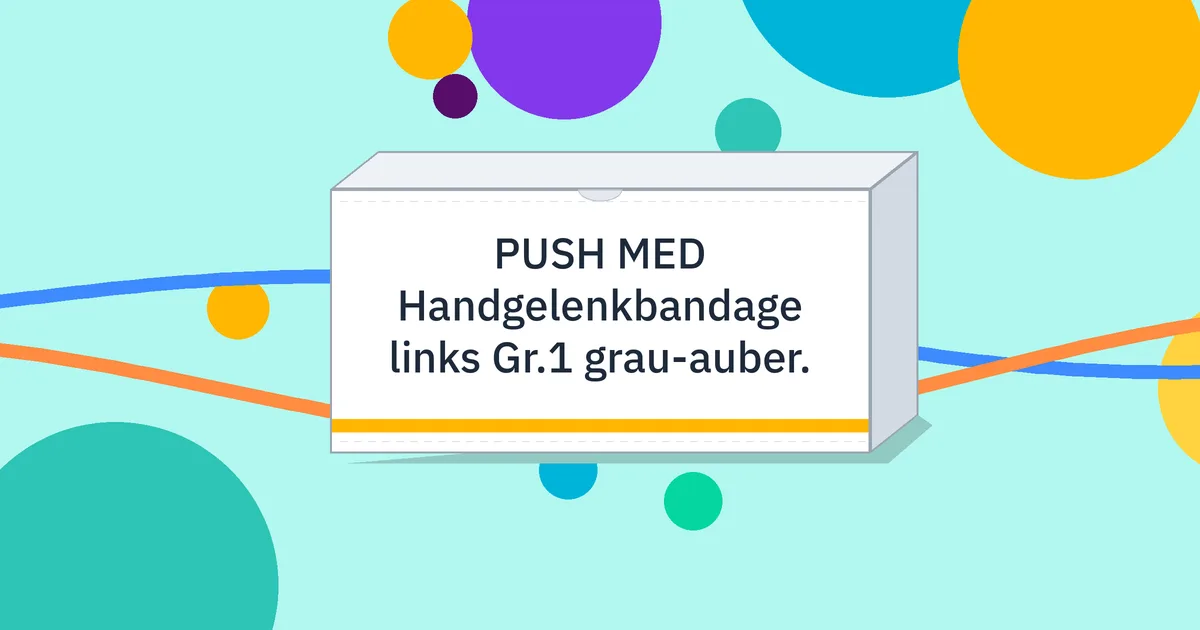 Symbolbild: Packung mit der Aufschrift PUSH MED Handgelenkbandage links Gr.1 grau-auber. (PZN 04860863) – Verfügbarkeit und Bezug in Apotheken in Frankfurt am Main