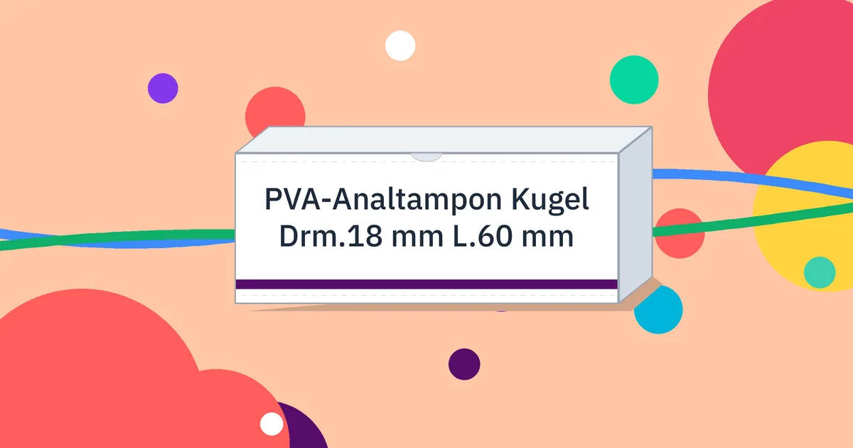 Symbolbild: Packung mit der Aufschrift PVA-Analtampon Kugel Drm.18 mm L.60 mm (PZN 12551159) – Verfügbarkeit und Bezug in Apotheken in Frankfurt am Main