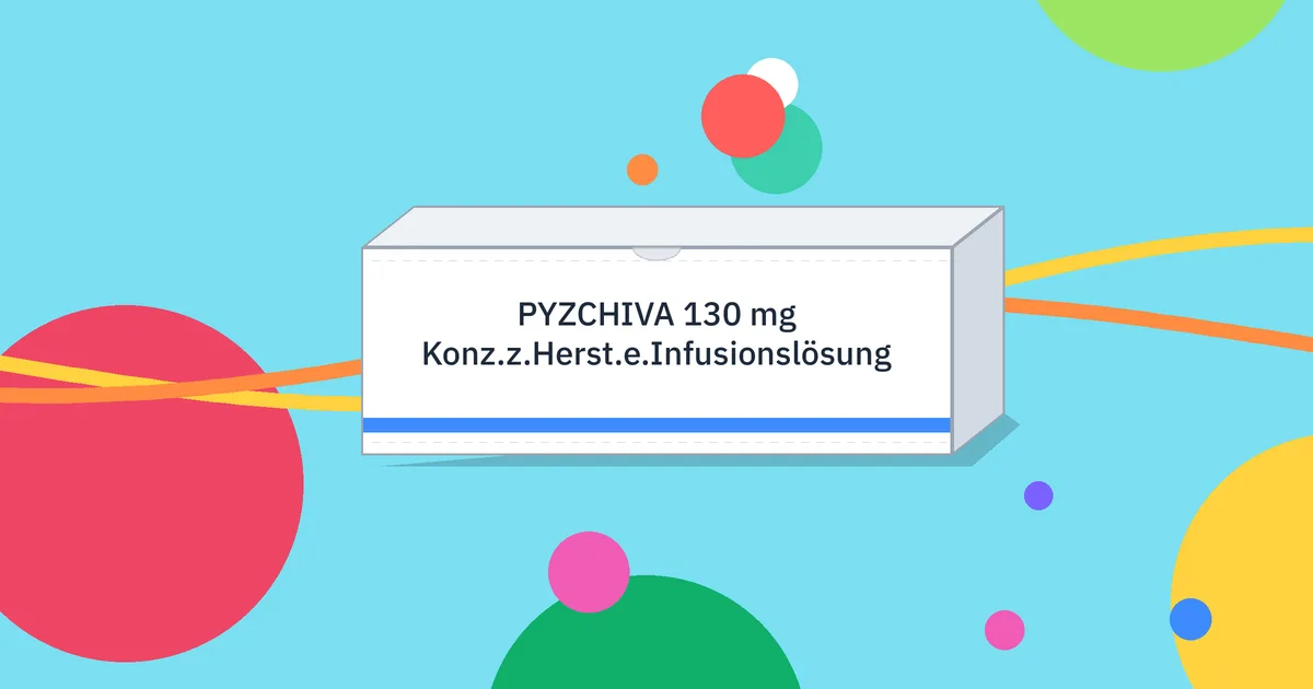 Symbolbild: Packung mit der Aufschrift PYZCHIVA 130 mg Konz.z.Herst.e.Infusionslösung (PZN 19485655) – Verfügbarkeit und Bezug in Apotheken in Frankfurt am Main