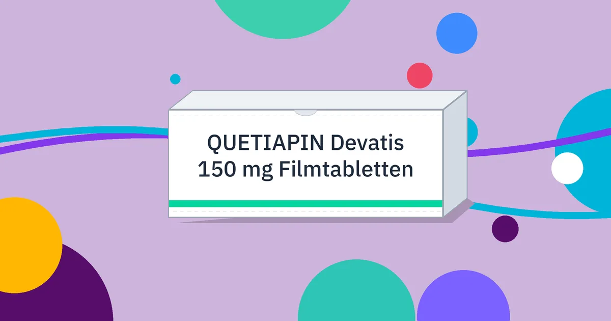 Symbolbild: Packung mit der Aufschrift QUETIAPIN Devatis 150 mg Filmtabletten (PZN 17235865) – Verfügbarkeit und Bezug in Apotheken in Frankfurt am Main