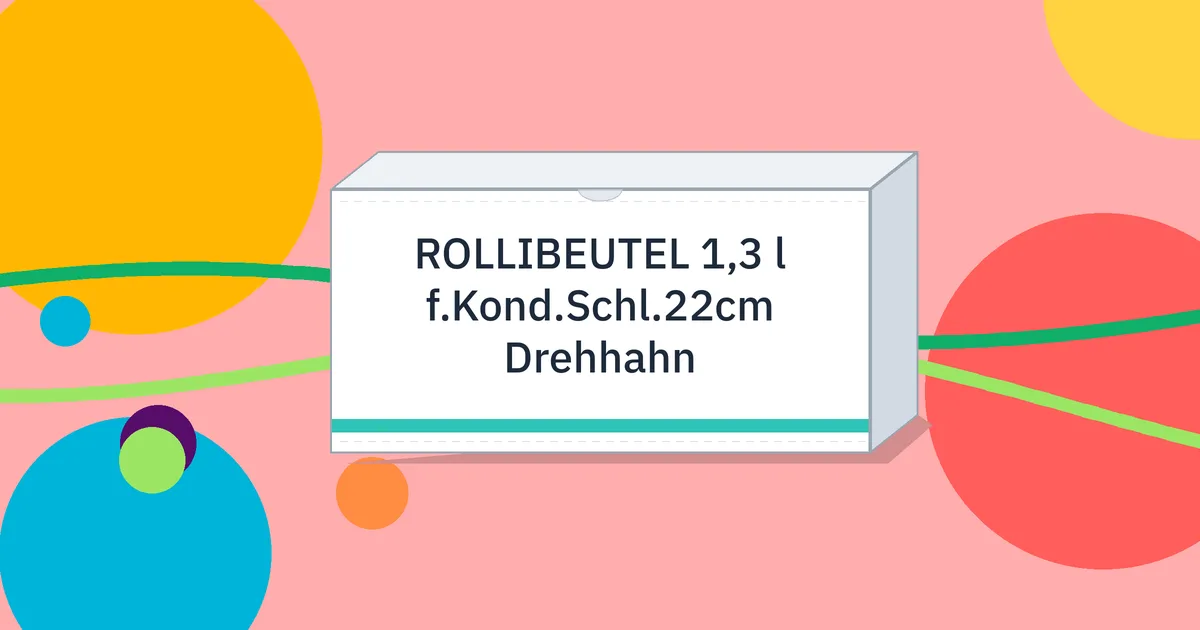 Symbolbild: Packung mit der Aufschrift ROLLIBEUTEL 1,3 l f.Kond.Schl.22cm Drehhahn (PZN 00942305) – Verfügbarkeit und Bezug in Apotheken in Frankfurt am Main