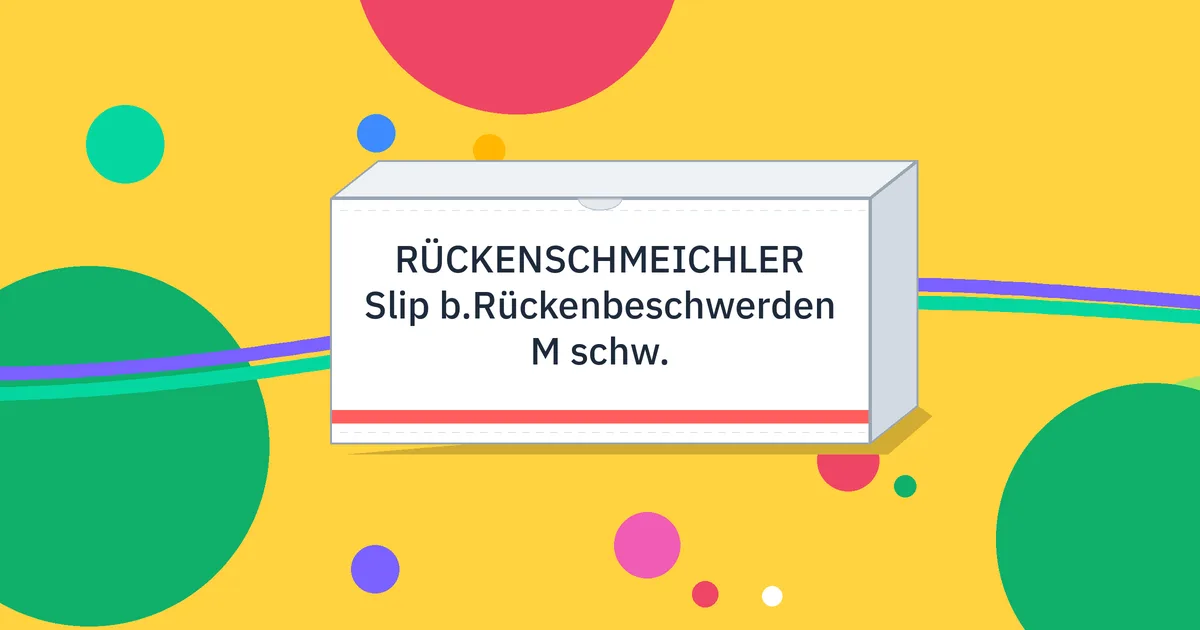 Symbolbild: Packung mit der Aufschrift RÜCKENSCHMEICHLER Slip b.Rückenbeschwerden M schw. (PZN 16127783) – Verfügbarkeit und Bezug in Apotheken in Frankfurt am Main