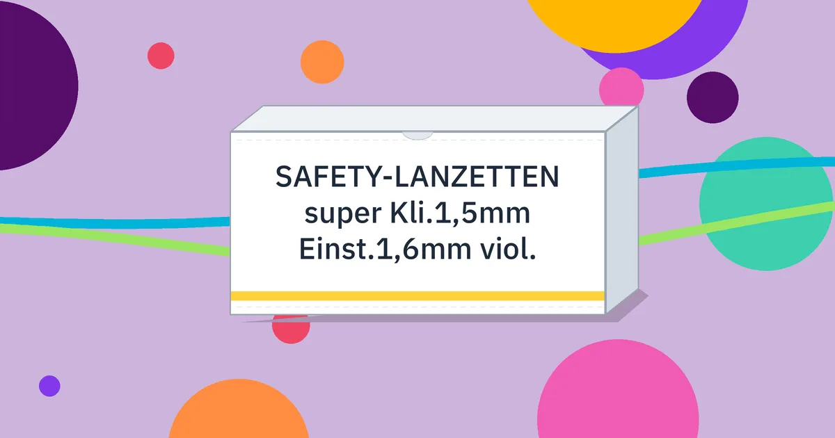 Symbolbild: Packung mit der Aufschrift SAFETY-LANZETTEN super Kli.1,5mm Einst.1,6mm viol. (PZN 20914860) – Verfügbarkeit und Bezug in Apotheken in Frankfurt am Main