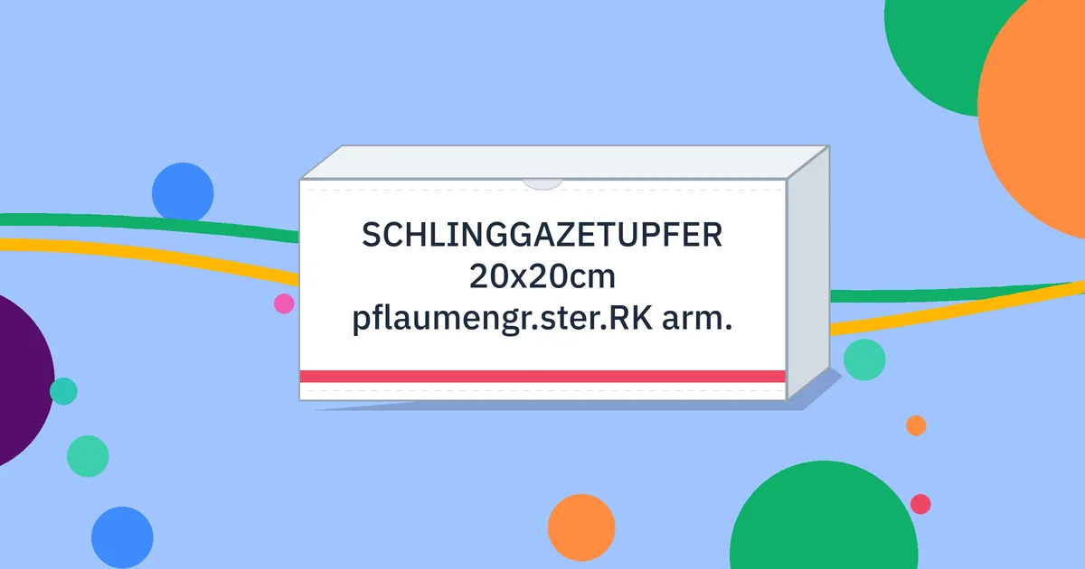 Symbolbild: Packung mit der Aufschrift SCHLINGGAZETUPFER 20x20cm pflaumengr.ster.RK arm. (PZN 16145232) – Verfügbarkeit und Bezug in Apotheken in Frankfurt am Main