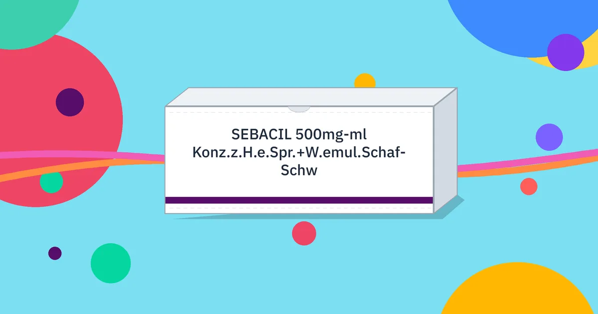 Symbolbild: Packung mit der Aufschrift SEBACIL 500mg-ml Konz.z.H.e.Spr.+W.emul.Schaf-Schw (PZN 09461180) – Verfügbarkeit und Bezug in Apotheken in Frankfurt am Main