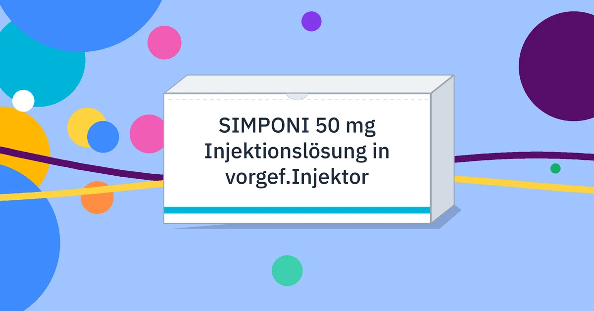 Symbolbild: Packung mit der Aufschrift SIMPONI 50 mg Injektionslösung in vorgef.Injektor (PZN 19640185) – Verfügbarkeit und Bezug in Apotheken in Frankfurt am Main