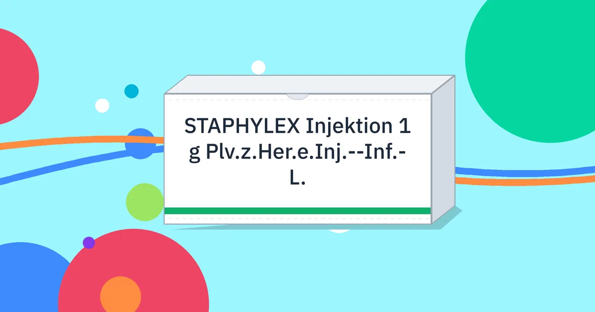 Symbolbild: Packung mit der Aufschrift STAPHYLEX Injektion 1 g Plv.z.Her.e.Inj.--Inf.-L. (PZN 08630491) – Verfügbarkeit und Bezug in Apotheken in Frankfurt am Main