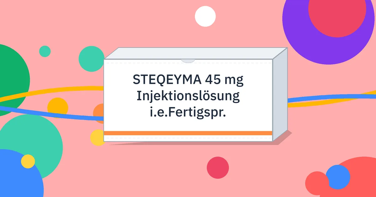 Symbolbild: Packung mit der Aufschrift STEQEYMA 45 mg Injektionslösung i.e.Fertigspr. (PZN 20169043) – Verfügbarkeit und Bezug in Apotheken in Frankfurt am Main