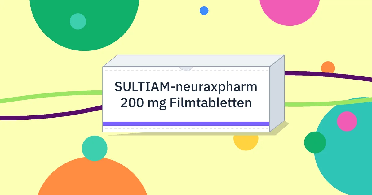 Symbolbild: Packung mit der Aufschrift SULTIAM-neuraxpharm 200 mg Filmtabletten (PZN 12547442) – Verfügbarkeit und Bezug in Apotheken in Frankfurt am Main