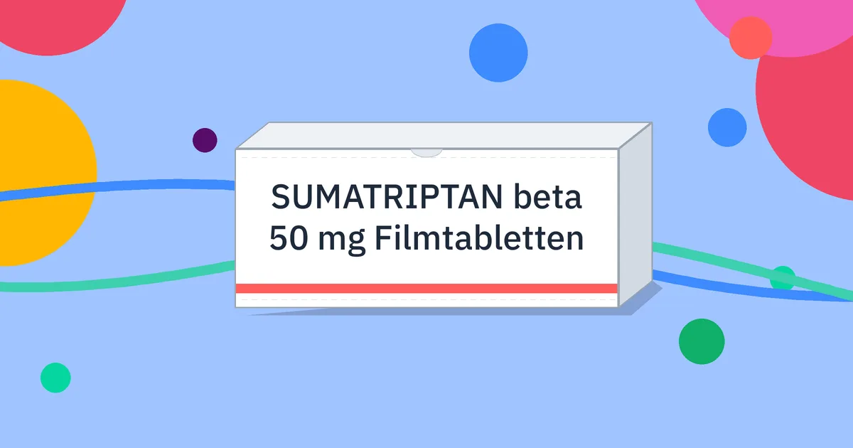 Symbolbild: Packung mit der Aufschrift SUMATRIPTAN beta 50 mg Filmtabletten (PZN 00118090) – Verfügbarkeit und Bezug in Apotheken in Frankfurt am Main