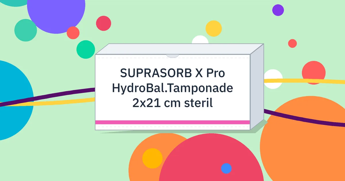 Symbolbild: Packung mit der Aufschrift SUPRASORB X Pro HydroBal.Tamponade 2x21 cm steril (PZN 20183801) – Verfügbarkeit und Bezug in Apotheken in Frankfurt am Main