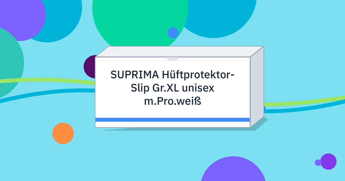 Symbolbild: Packung mit der Aufschrift SUPRIMA Hüftprotektor-Slip Gr.XL unisex m.Pro.weiß (PZN 09737854) – Verfügbarkeit und Bezug in Apotheken in Frankfurt am Main