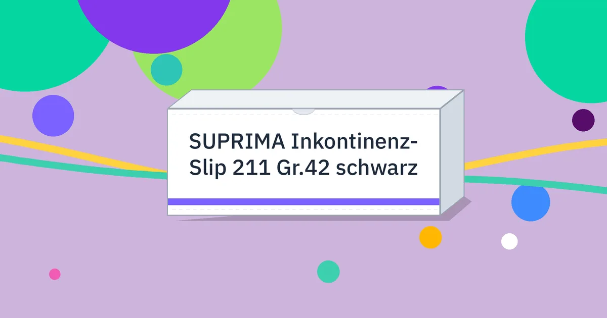 Symbolbild: Packung mit der Aufschrift SUPRIMA Inkontinenz-Slip 211 Gr.42 schwarz (PZN 00709098) – Verfügbarkeit und Bezug in Apotheken in Frankfurt am Main