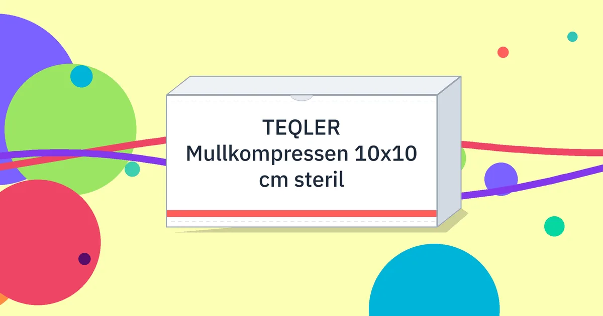 Symbolbild: Packung mit der Aufschrift TEQLER Mullkompressen 10x10 cm steril (PZN 17527562) – Verfügbarkeit und Bezug in Apotheken in Frankfurt am Main