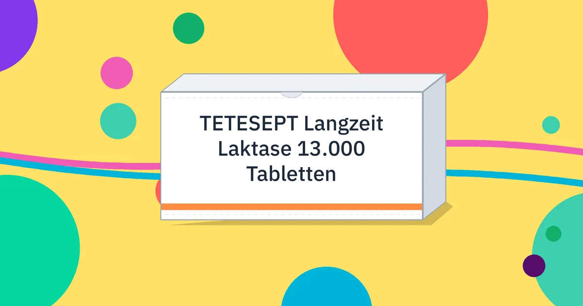 Symbolbild: Packung mit der Aufschrift TETESEPT Langzeit Laktase 13.000 Tabletten (PZN 17394204) – Verfügbarkeit und Bezug in Apotheken in Frankfurt am Main