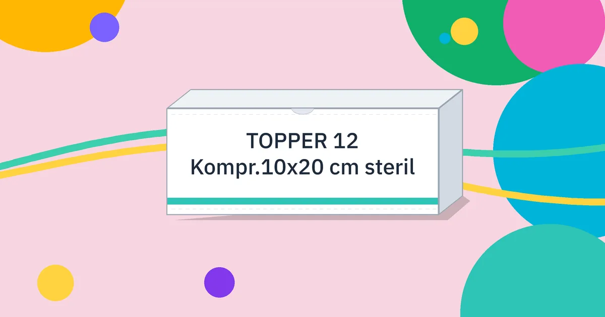 Symbolbild: Packung mit der Aufschrift TOPPER 12 Kompr.10x20 cm steril (PZN 04481172) – Verfügbarkeit und Bezug in Apotheken in Frankfurt am Main