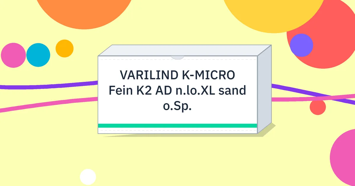 Symbolbild: Packung mit der Aufschrift VARILIND K-MICRO Fein K2 AD n.lo.XL sand o.Sp. (PZN 20619204) – Verfügbarkeit und Bezug in Apotheken in Frankfurt am Main