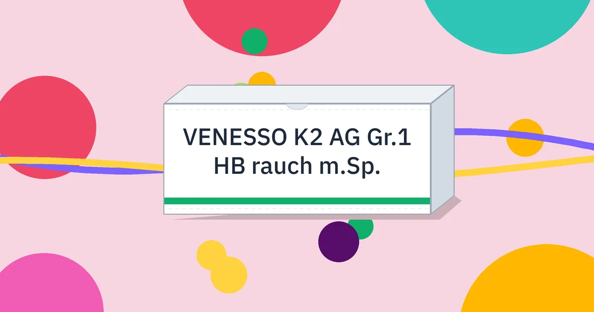 Symbolbild: Packung mit der Aufschrift VENESSO K2 AG Gr.1 HB rauch m.Sp. (PZN 03262290) – Verfügbarkeit und Bezug in Apotheken in Frankfurt am Main