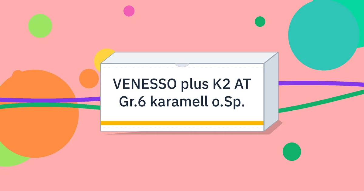 Symbolbild: Packung mit der Aufschrift VENESSO plus K2 AT Gr.6 karamell o.Sp. (PZN 13758690) – Verfügbarkeit und Bezug in Apotheken in Frankfurt am Main