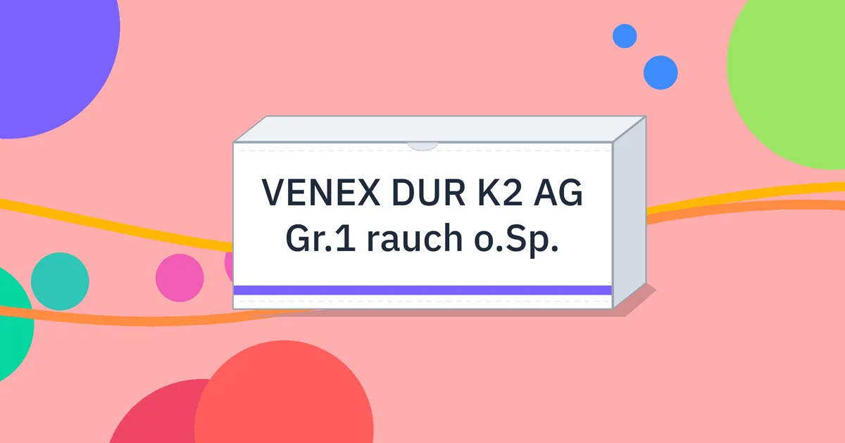 Symbolbild: Packung mit der Aufschrift VENEX DUR K2 AG Gr.1 rauch o.Sp. (PZN 03215528) – Verfügbarkeit und Bezug in Apotheken in Frankfurt am Main