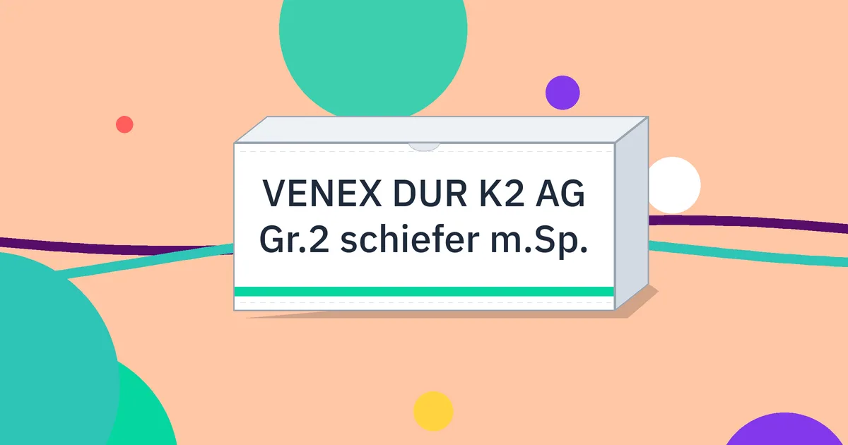 Symbolbild: Packung mit der Aufschrift VENEX DUR K2 AG Gr.2 schiefer m.Sp. (PZN 03213848) – Verfügbarkeit und Bezug in Apotheken in Frankfurt am Main
