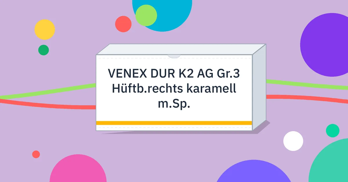 Symbolbild: Packung mit der Aufschrift VENEX DUR K2 AG Gr.3 Hüftb.rechts karamell m.Sp. (PZN 13761166) – Verfügbarkeit und Bezug in Apotheken in Frankfurt am Main