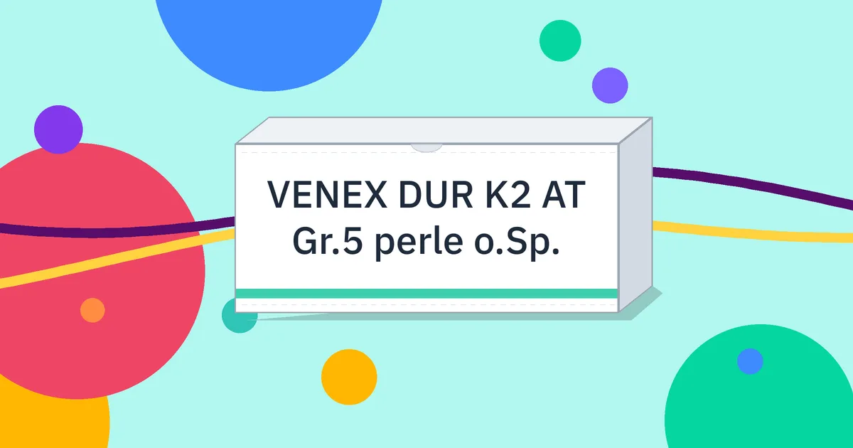 Symbolbild: Packung mit der Aufschrift VENEX DUR K2 AT Gr.5 perle o.Sp. (PZN 03223290) – Verfügbarkeit und Bezug in Apotheken in Frankfurt am Main