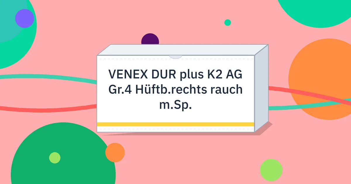 Symbolbild: Packung mit der Aufschrift VENEX DUR plus K2 AG Gr.4 Hüftb.rechts rauch m.Sp. (PZN 03237949) – Verfügbarkeit und Bezug in Apotheken in Frankfurt am Main