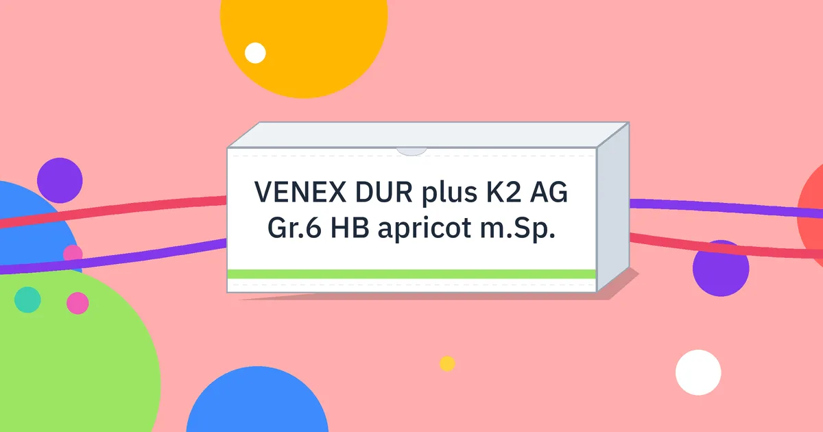 Symbolbild: Packung mit der Aufschrift VENEX DUR plus K2 AG Gr.6 HB apricot m.Sp. (PZN 03236648) – Verfügbarkeit und Bezug in Apotheken in Frankfurt am Main