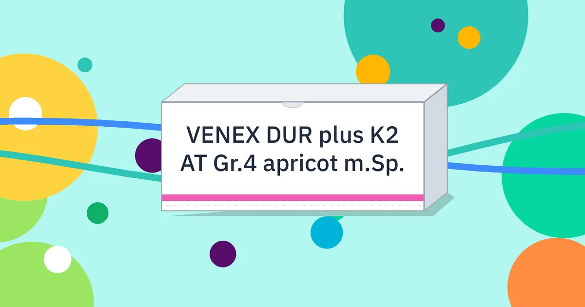 Symbolbild: Packung mit der Aufschrift VENEX DUR plus K2 AT Gr.4 apricot m.Sp. (PZN 03234359) – Verfügbarkeit und Bezug in Apotheken in Frankfurt am Main