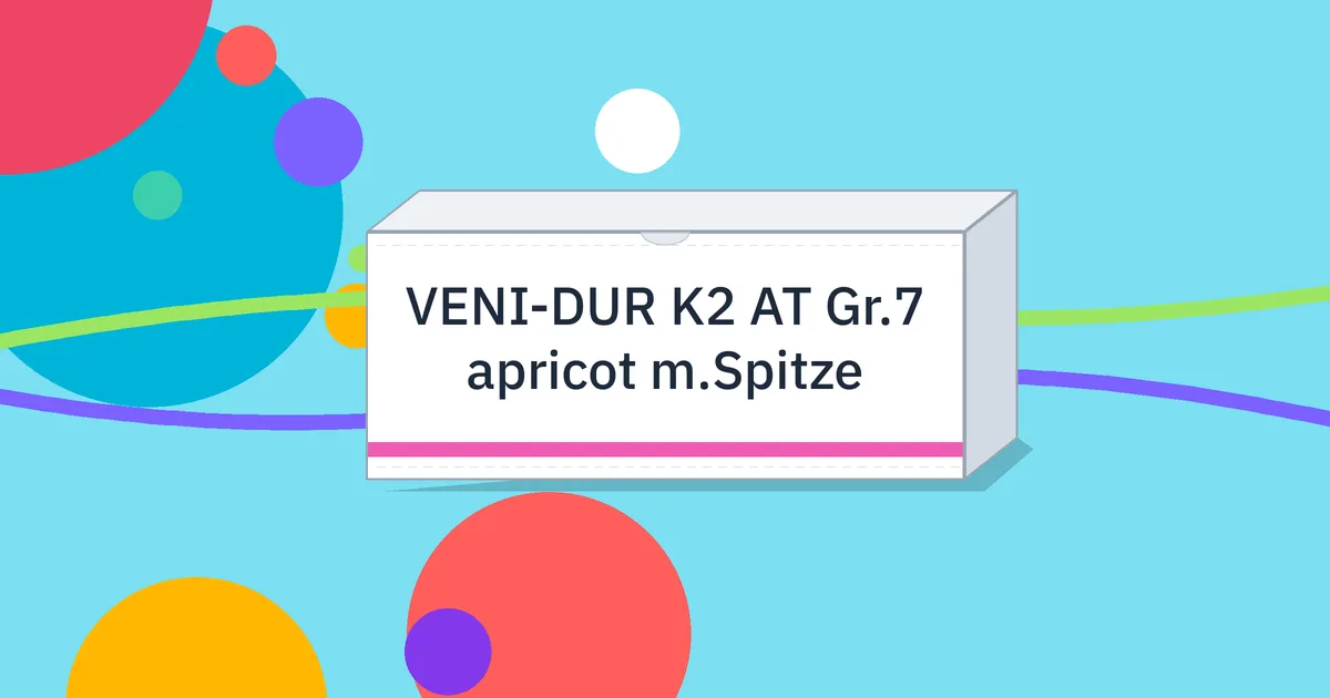 Symbolbild: Packung mit der Aufschrift VENI-DUR K2 AT Gr.7 apricot m.Spitze (PZN 03243619) – Verfügbarkeit und Bezug in Apotheken in Frankfurt am Main
